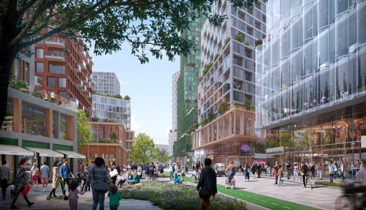 Rendering of a public square in the higher density transit nodes of the ...