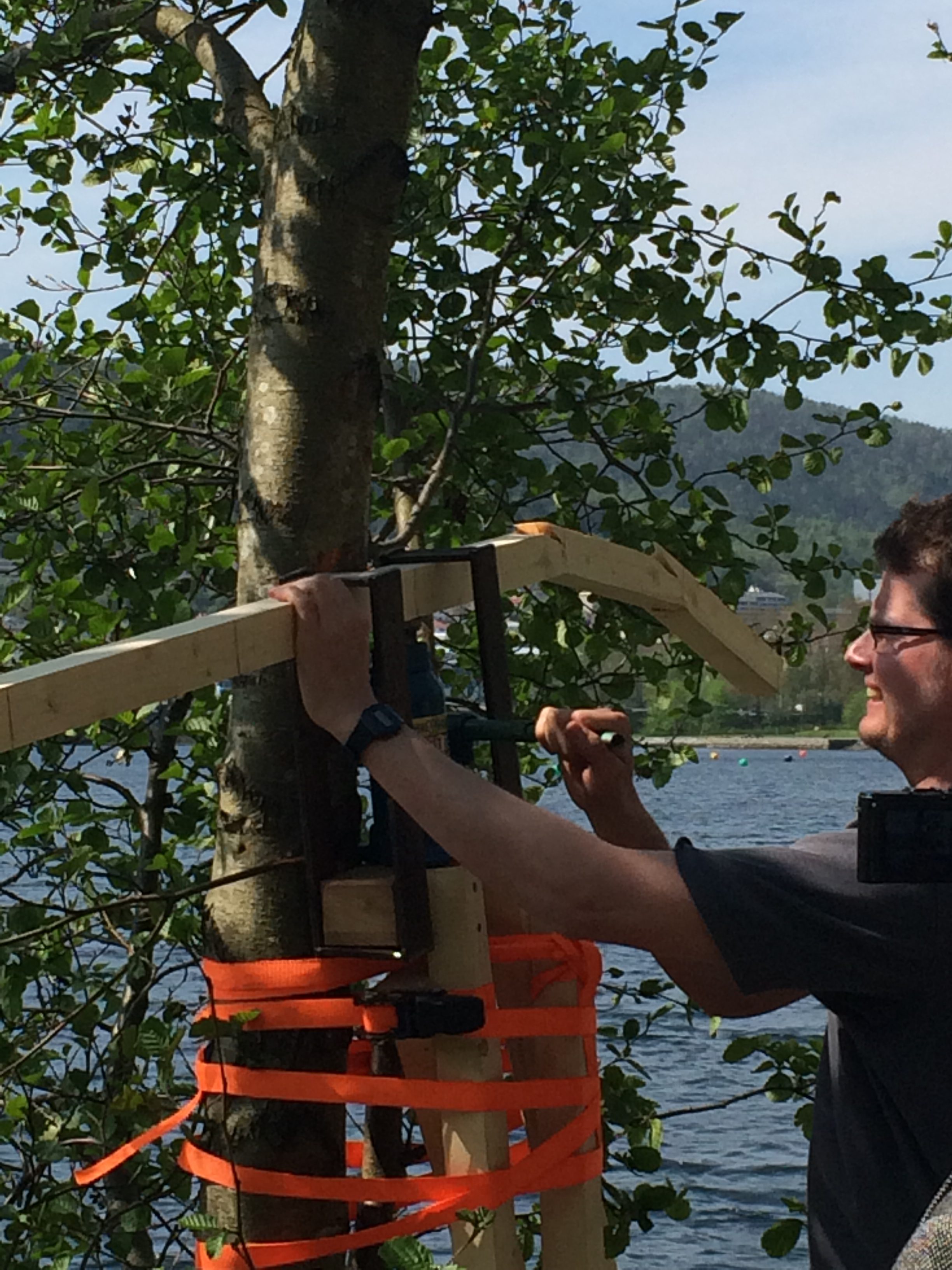German carpenters & architects breaking wood for their installation ...